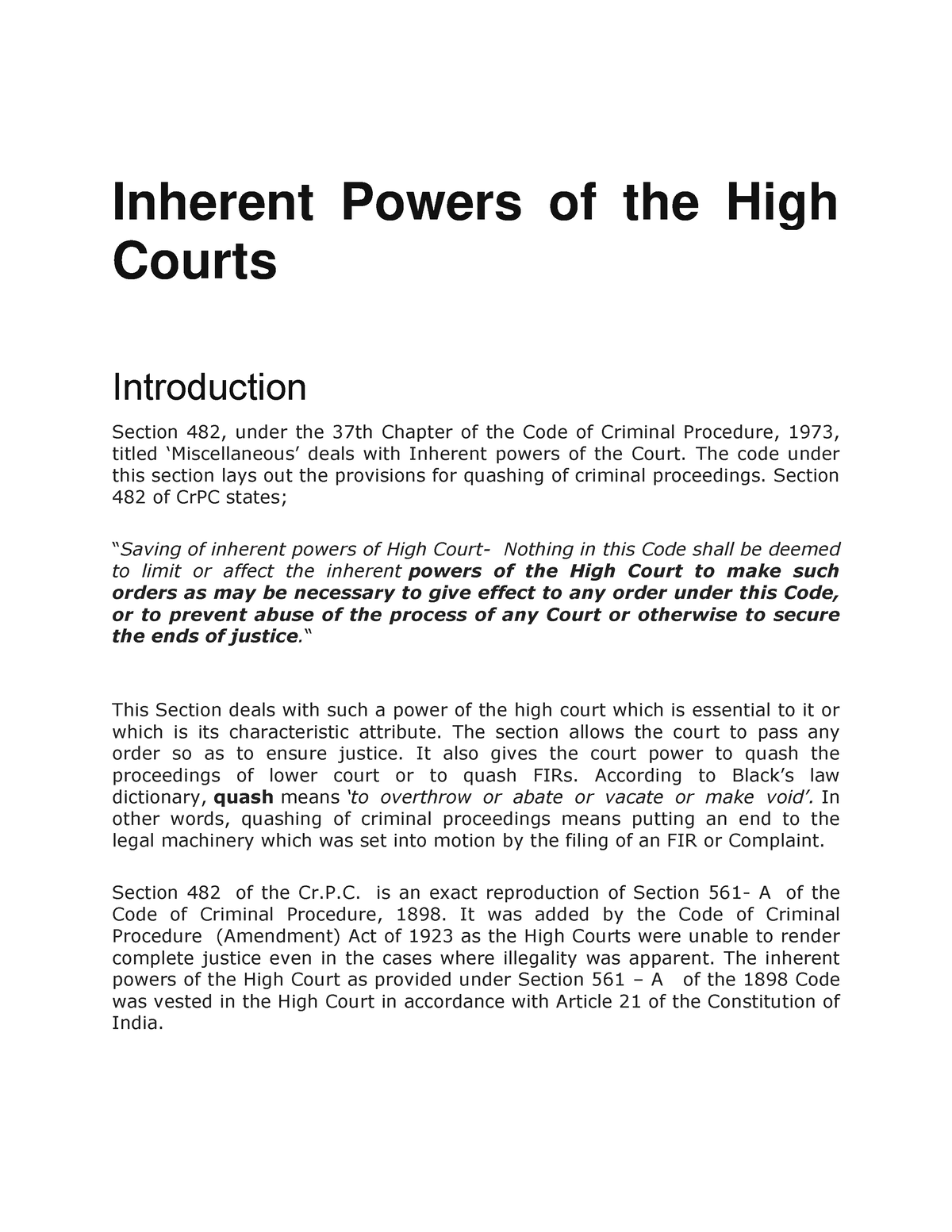 Inherent Powers Of The High Courts Inherent Powers Of The High Courts