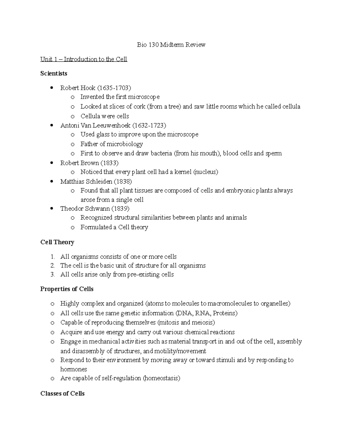 Bio 130 Midterm 1 Review Bio 130 Midterm Review Unit 1 Introduction