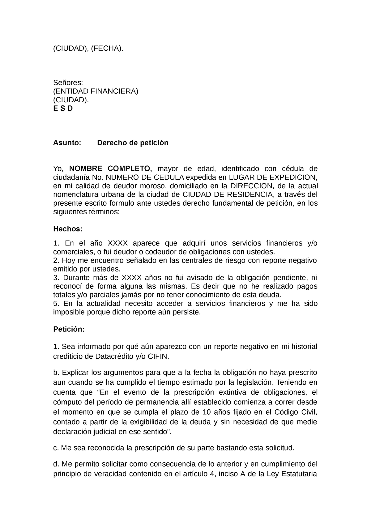 Formato De Derecho De Peticion Para Bancos Legislacion Comercial