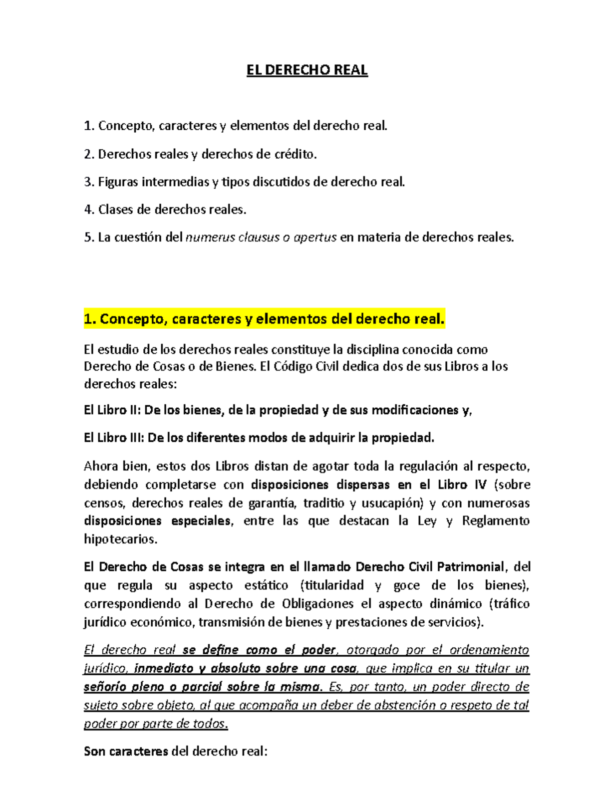 Tema 1 Derechos Reales El Derecho Real 1 Caracteres Y Elementos Del