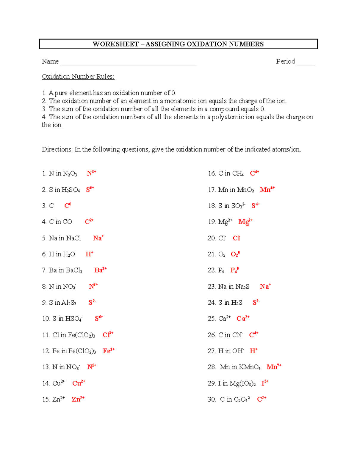 Worksheet 25 Oxidationreduction Reactions Oxidation Number