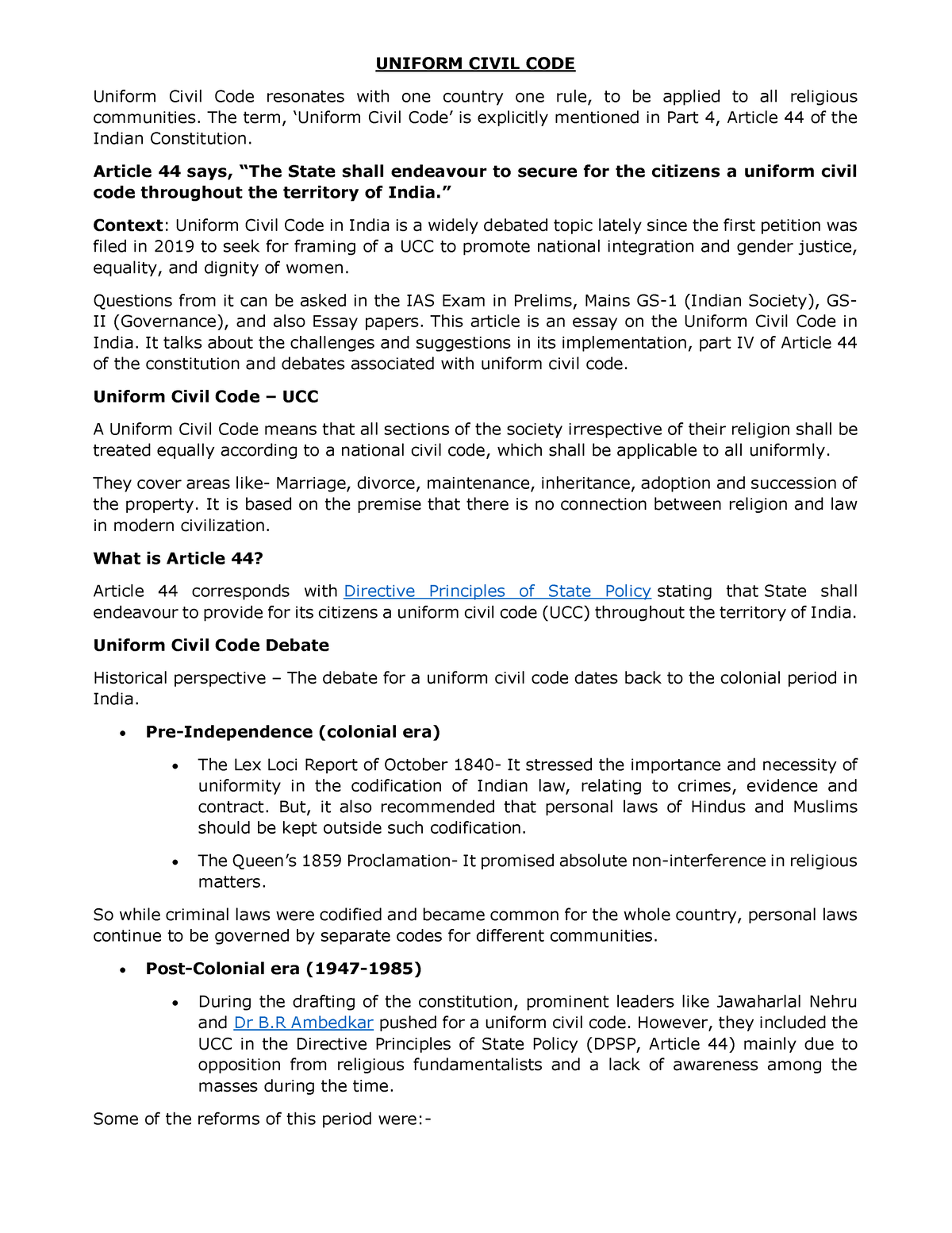 Uniform Civil Code Ucc Best Notes Uniform Civil Code Uniform Civil