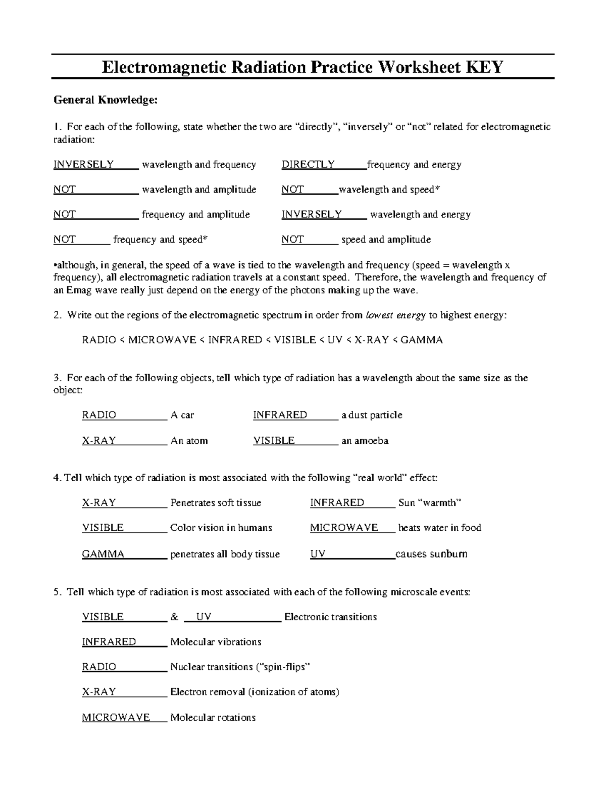 Radiation Practice Wks Key Electromagnetic Radiation Practice