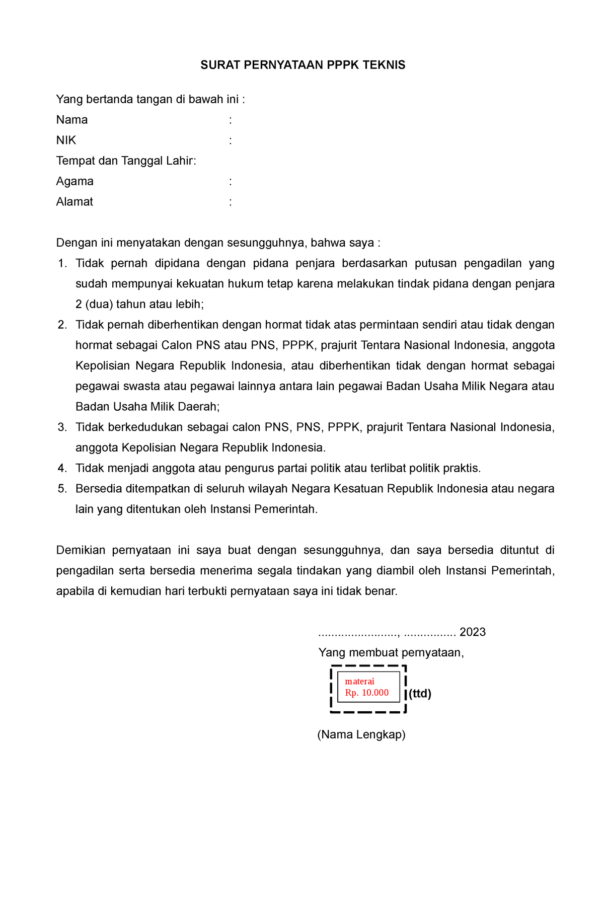 Download Contoh Surat Pernyataan 5 Poin Pppk Terbaru