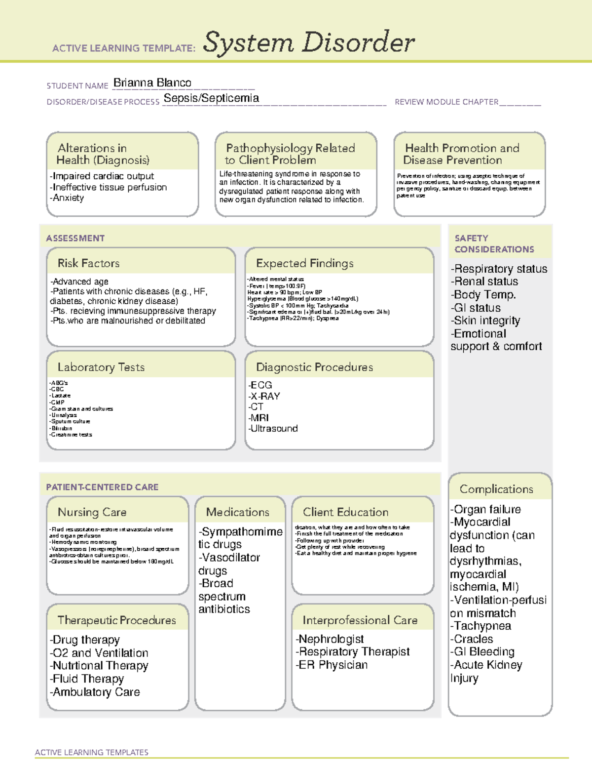 Sepsis System Disorder Worksheet Active Learning Templates System