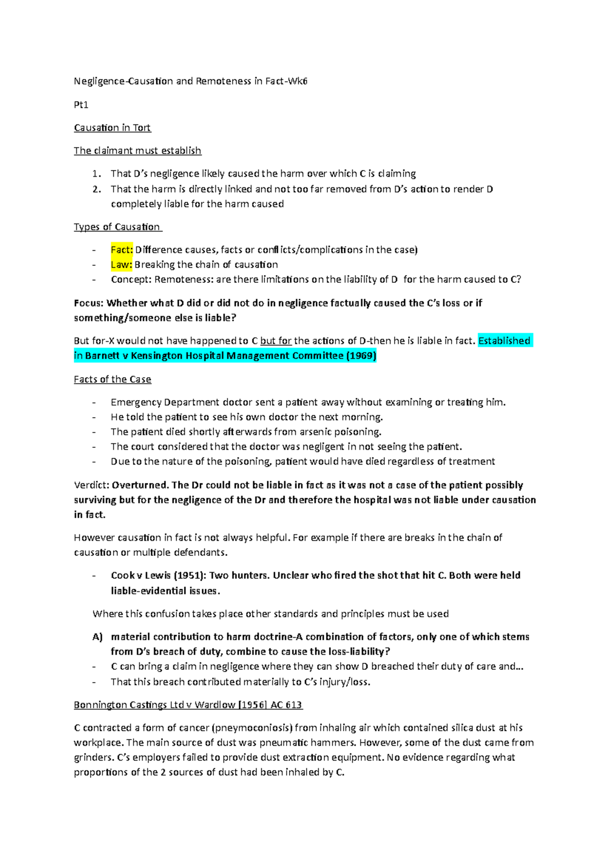 Wk6 Causation Causation In Tort Negligence Causaion And Remoteness