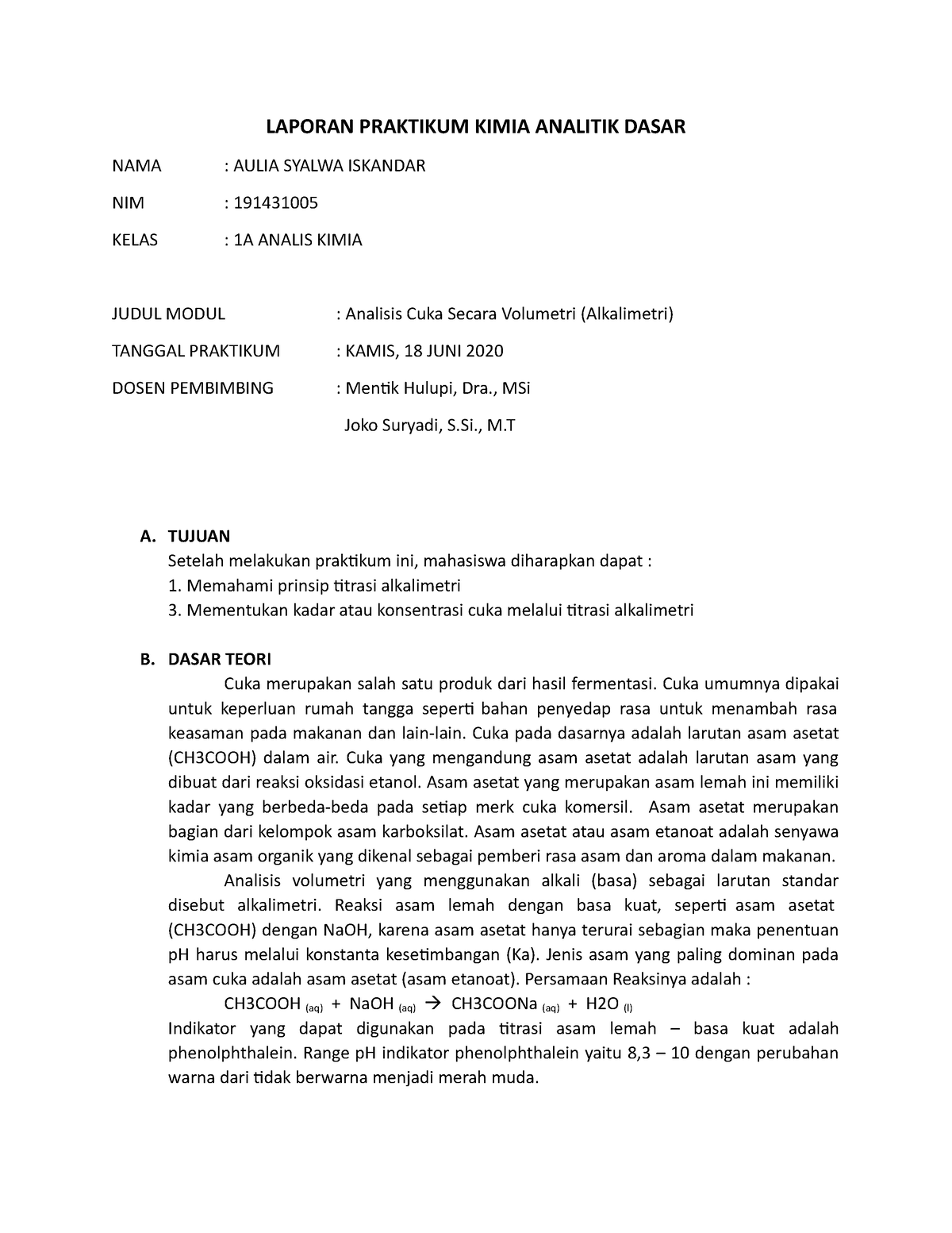 Penentuan Cuka Laporan Praktikum Laporan Praktikum Kimia Analitik