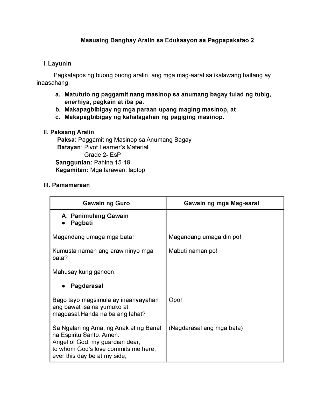 Masusing Banghay Detailed Lesson Plan Detalyadong Banghay Aralin Sa