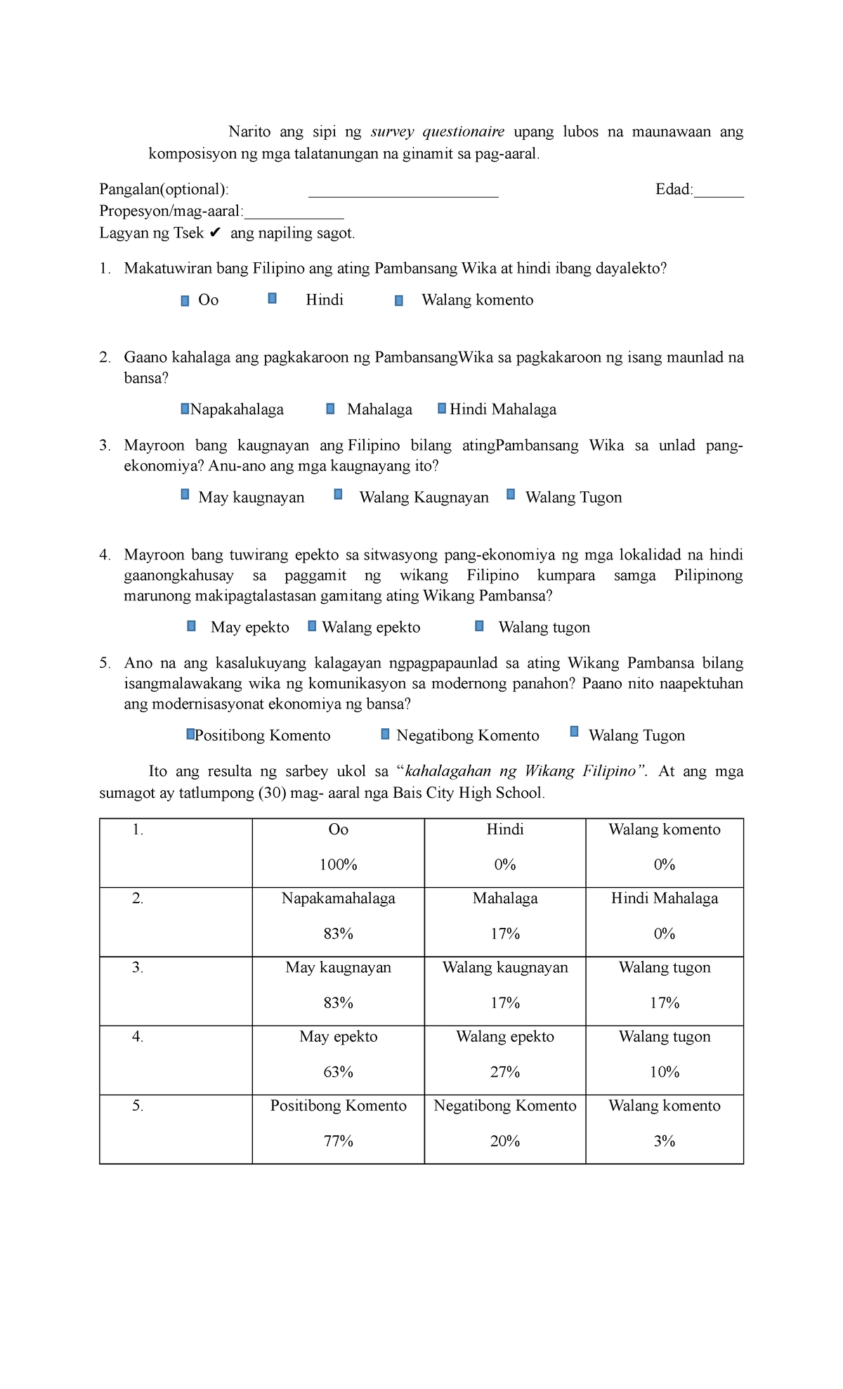 Talatanungan Ng Pananaliksik Narito Ang Sipi Ng Survey Questionaire