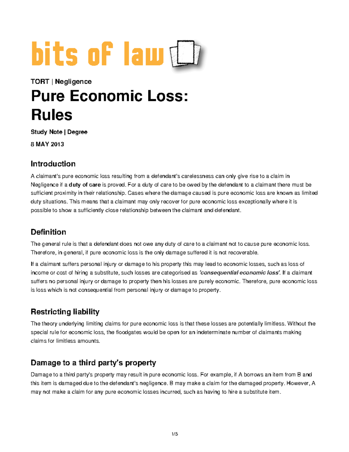 Pure Economic Loss Liability Rules Bits Of Law Tort Negligence Pure