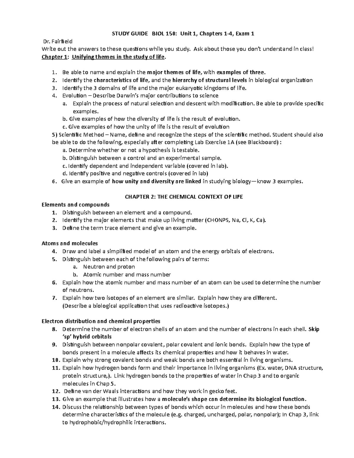 Study Guide Unit 1 Study Guide Biol 150 Unit 1 Chapters Exam 1 Dr