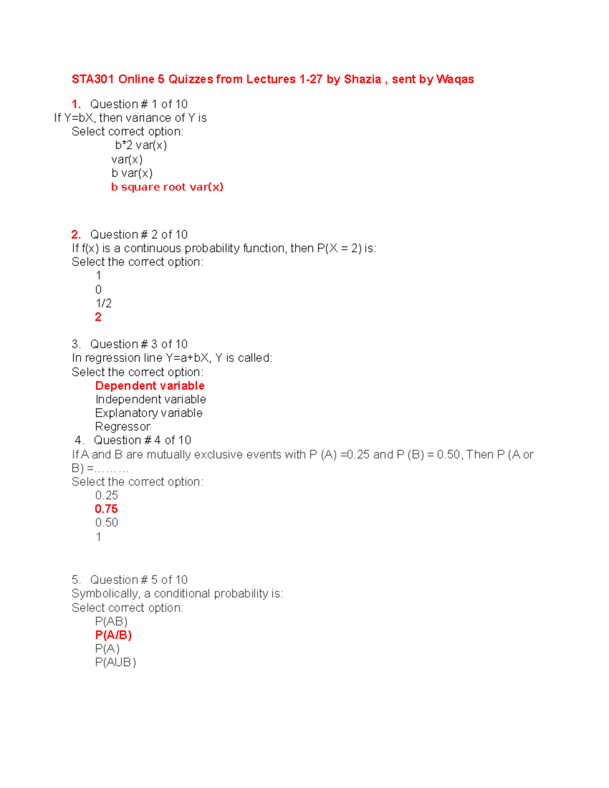 Sta301 Mcqs Na Sta301 Online 5 Quizzes From Lectures 1 27 By