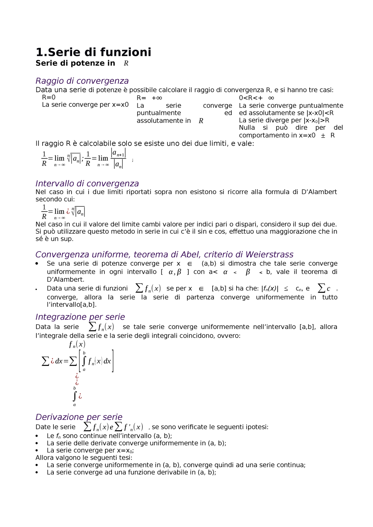 Serie Di Funzioni 1 Di Funzioni Serie Di Potenze In R Raggio Di