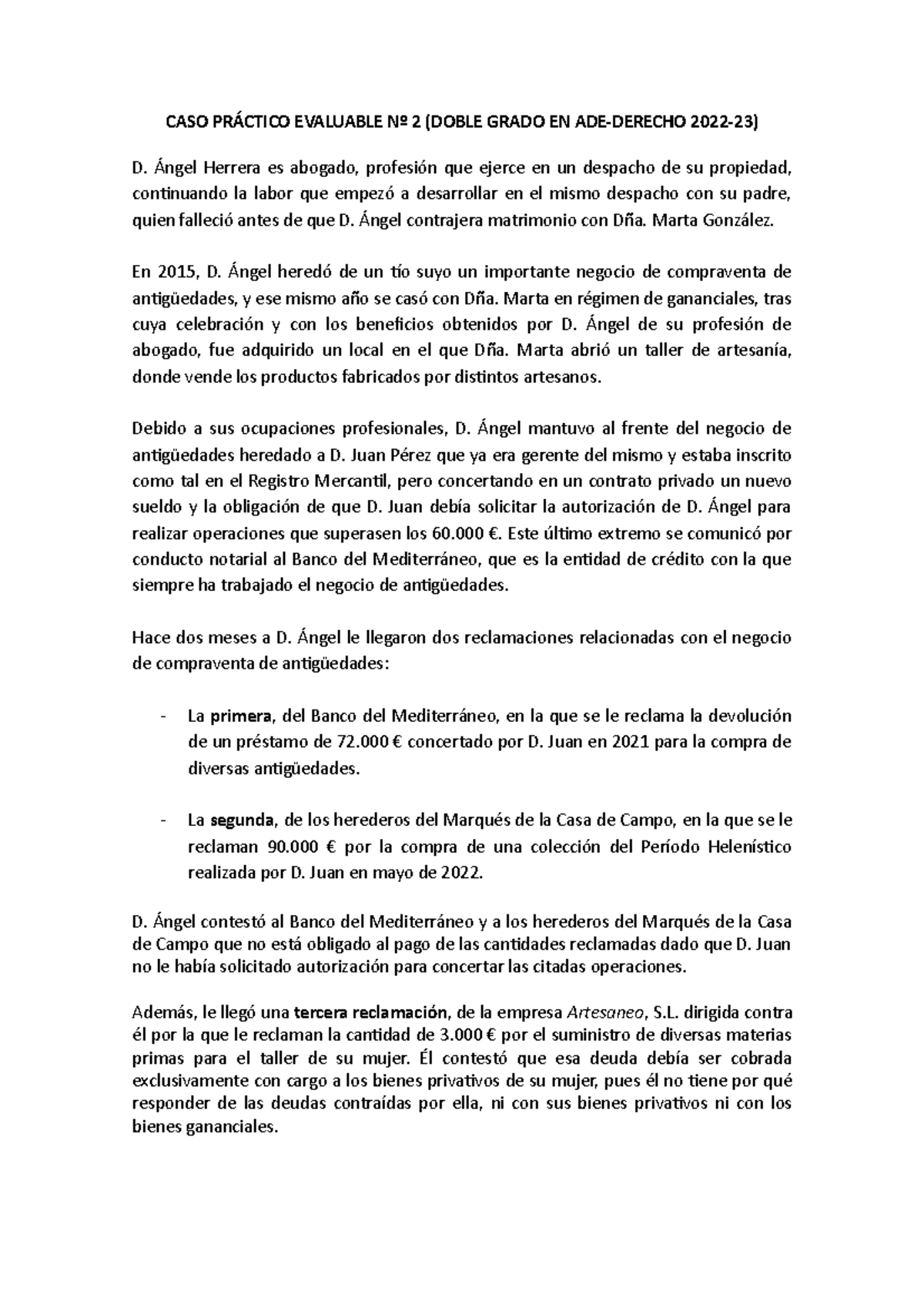 Caso Práctico Evaluable Nº 2 Doble Grado En Ade Derecho 2022 23