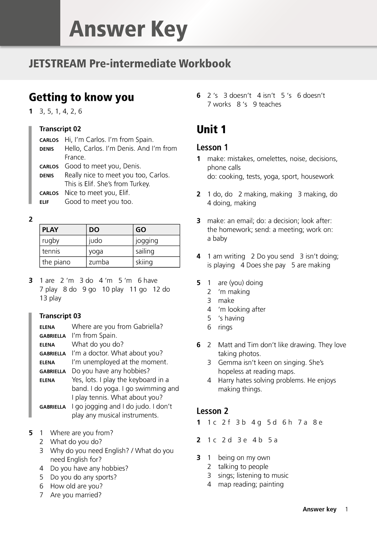 Answers Workbook Unit 1 12 Basico Getting To Know You 1 3 5 1 4 2