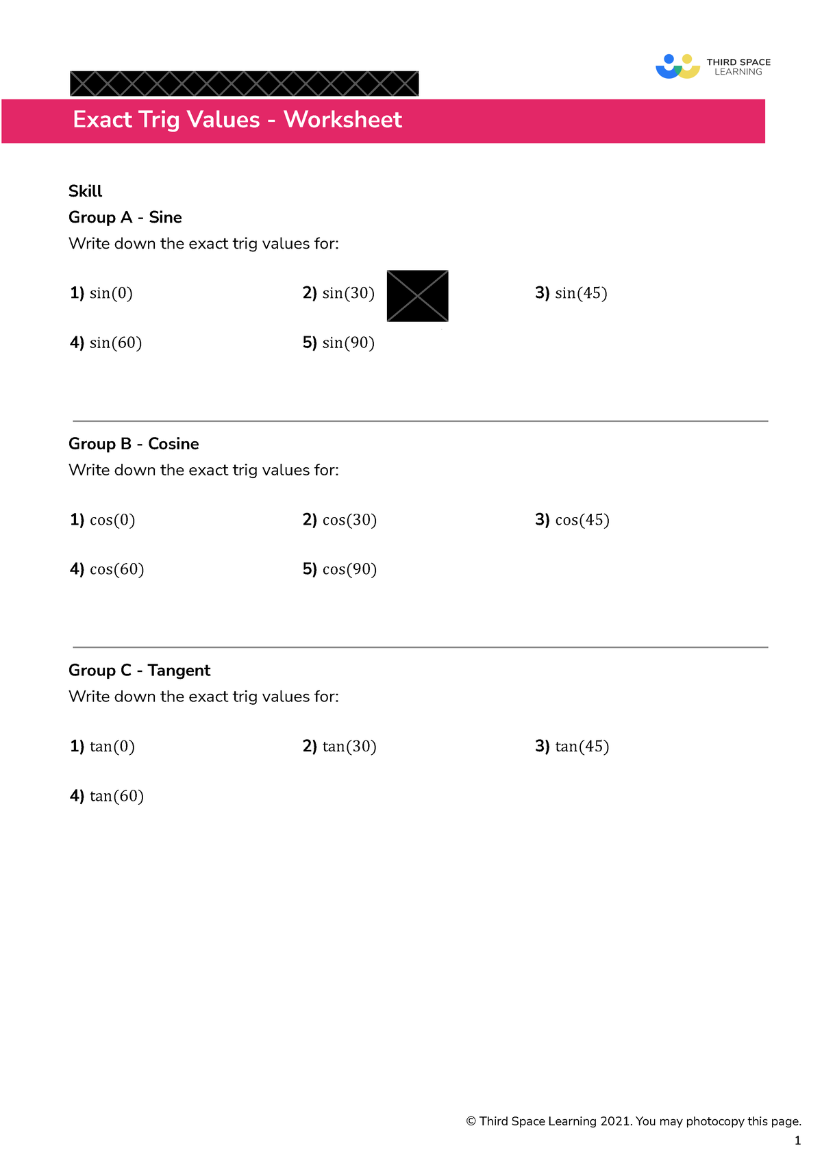 Third Space Learning Exact Trig Values Gcse Worksheet 1 Exact Trig