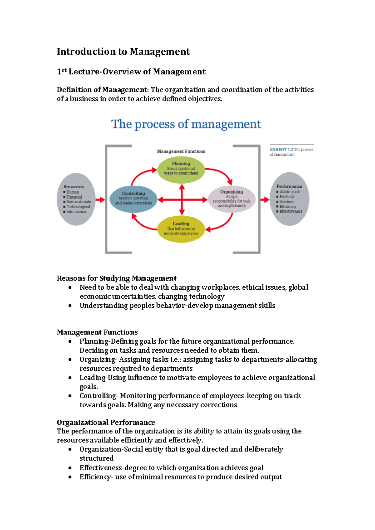 Lecture Notes Lectures 1 4 Introduction To Management 1st Of