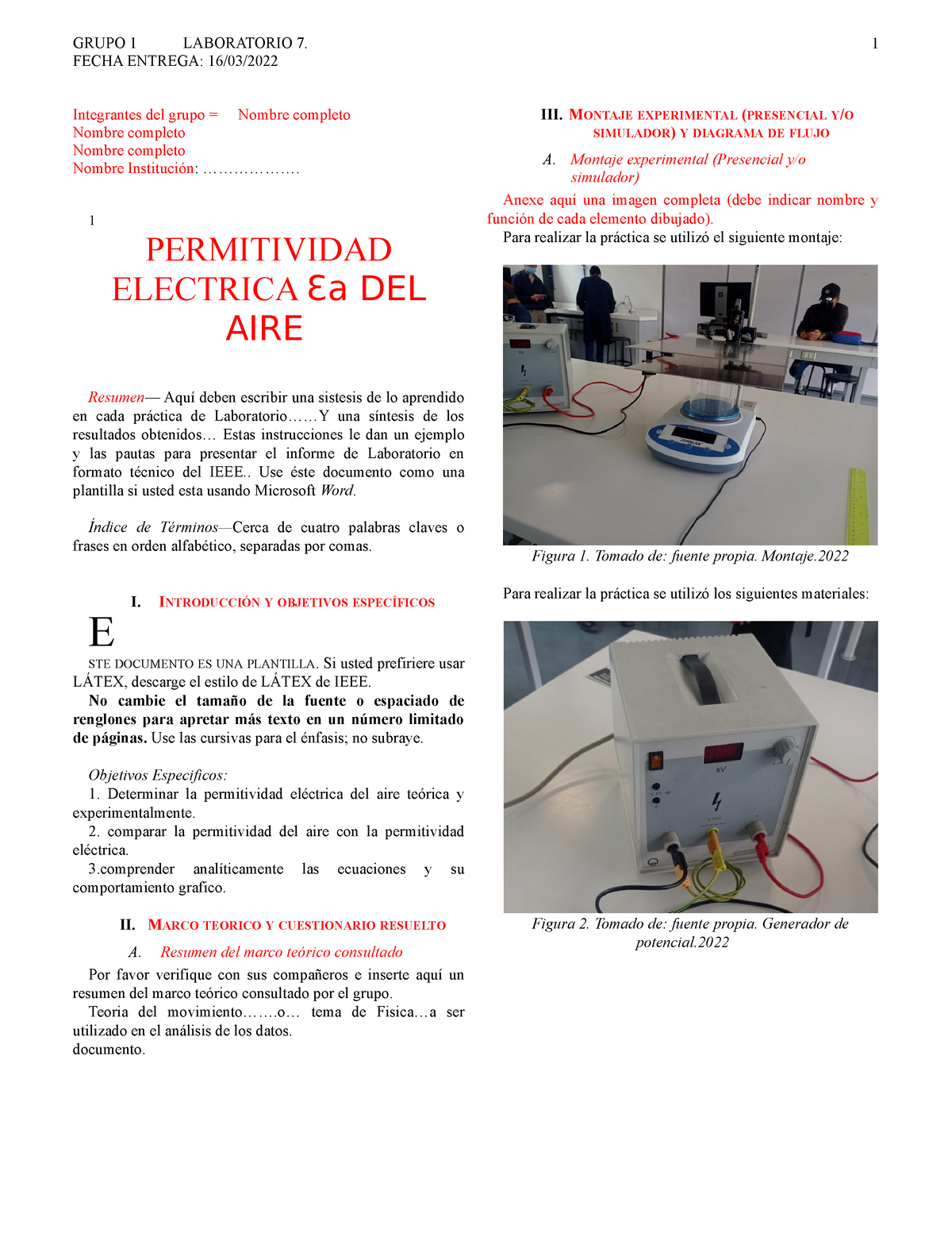 Formato Ieee Lab Electro Para Presentar Informes De Laboratorio Fecha