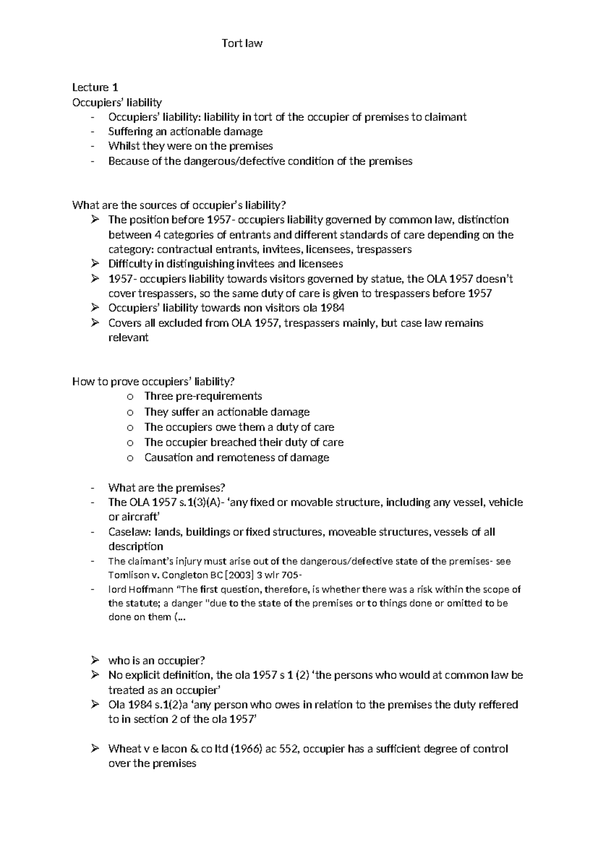 Lecture 1 Tort Law Lecture 1 Occupiers Liability Occupiers