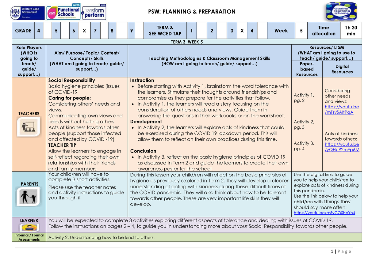 Lesson Plan Grade 6 Life Skills Psw Term 3 Week 5 Psw Planning