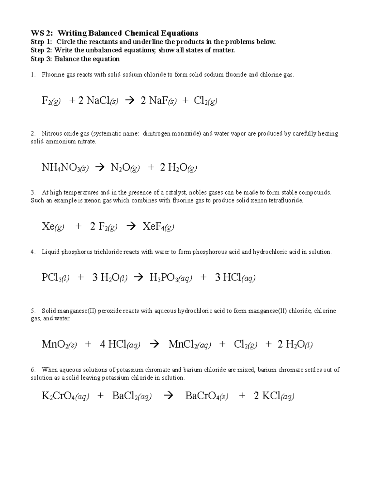 Ws 2 Hchem Writing Balanced Chemical Equations For Sy 17 18 Answers