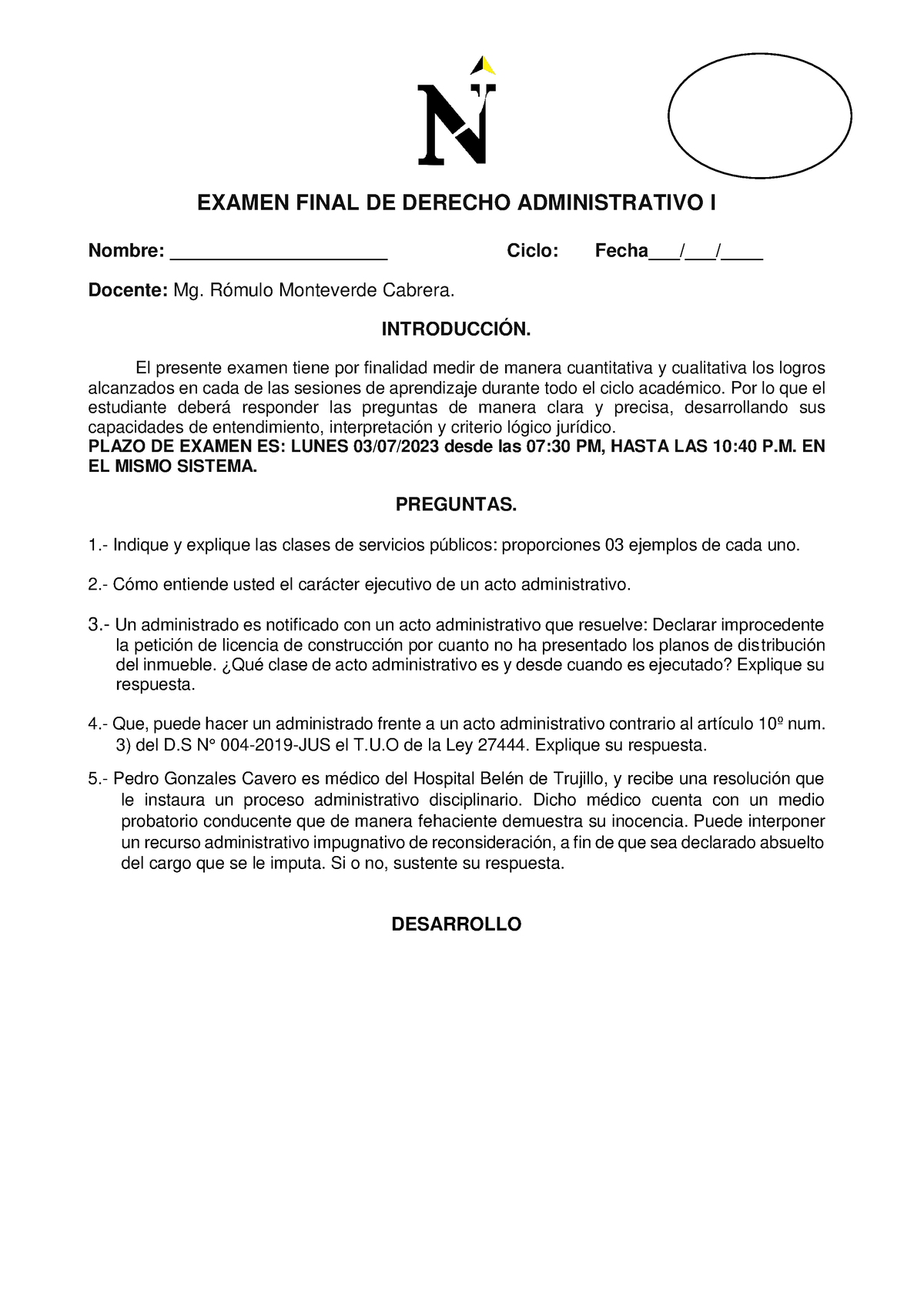 Examen Final De D° Adm I Pre 2023 2 Examen Final De Derecho