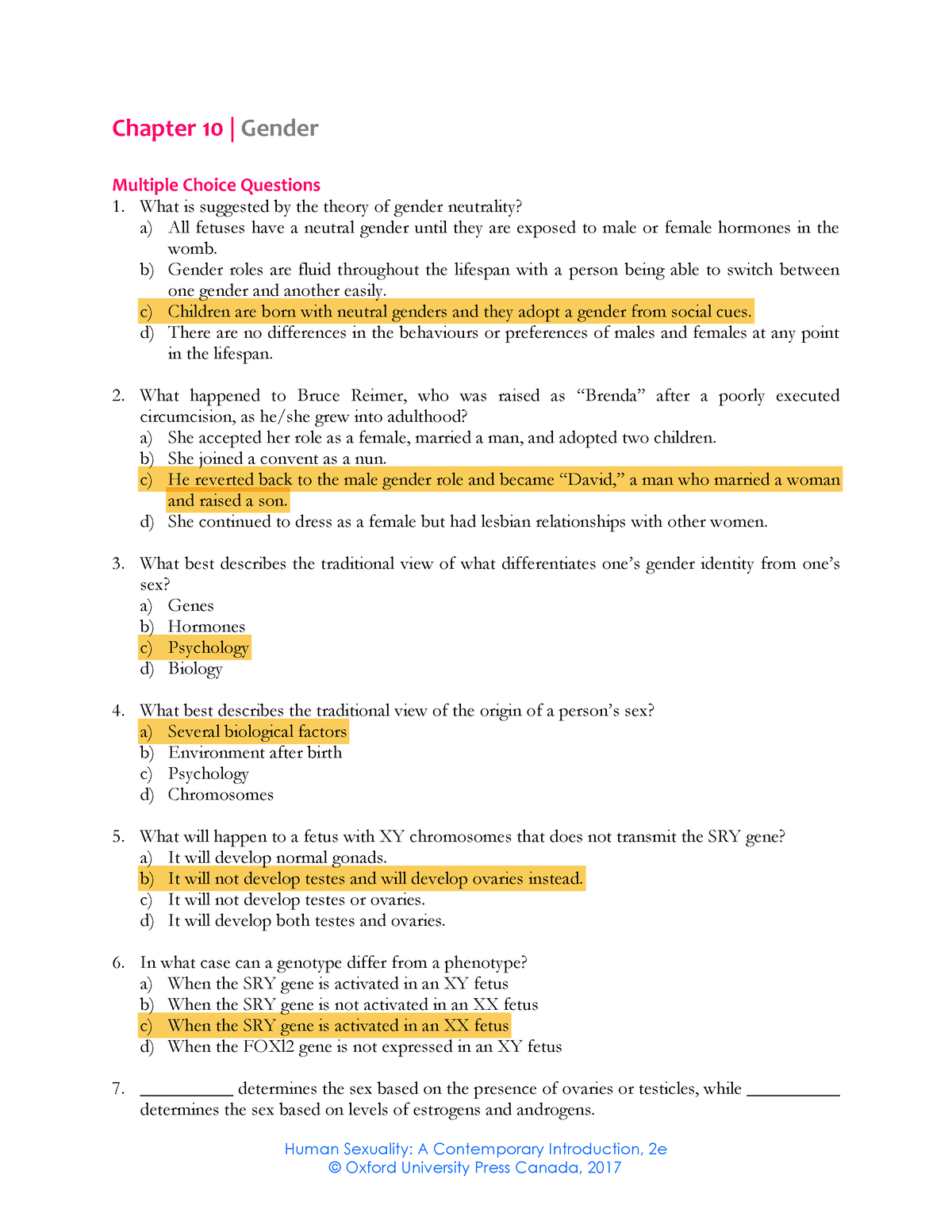 Chapter 10 Practice Questions Human Sexuality A Contemporary