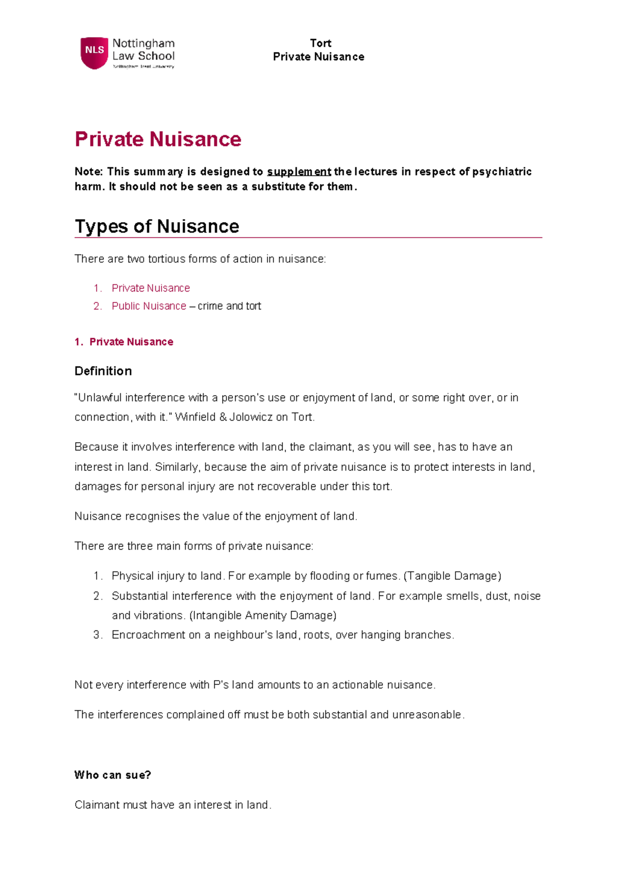 Tort Private Nuisance Tort Private Nuisance Private Nuisance Note