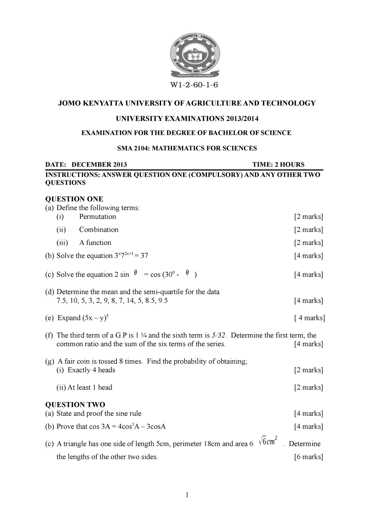 Exam 1 September 2019 Questions W1 2 60 1 Jomo Kenyatta University