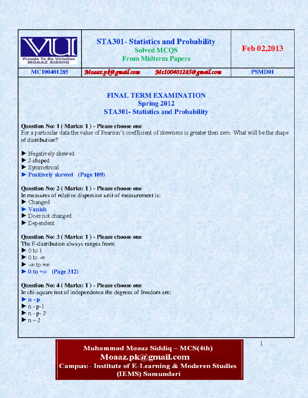 Sta630 Finalterm Paper 11feb2011 1 Sta301 Statistics And Probability