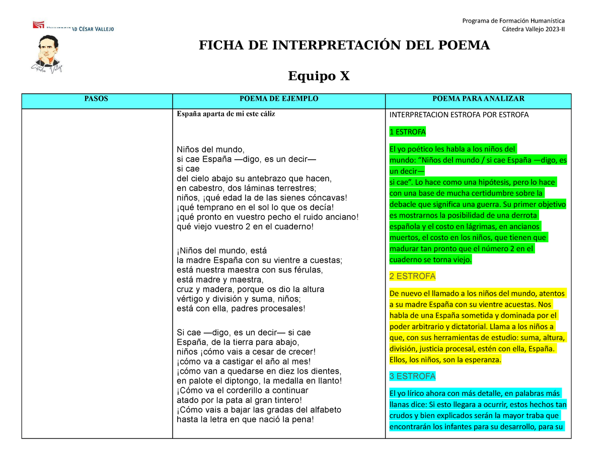 S6 Ficha De Interpretación Del Poema 2023 2 Catedra Vallejo