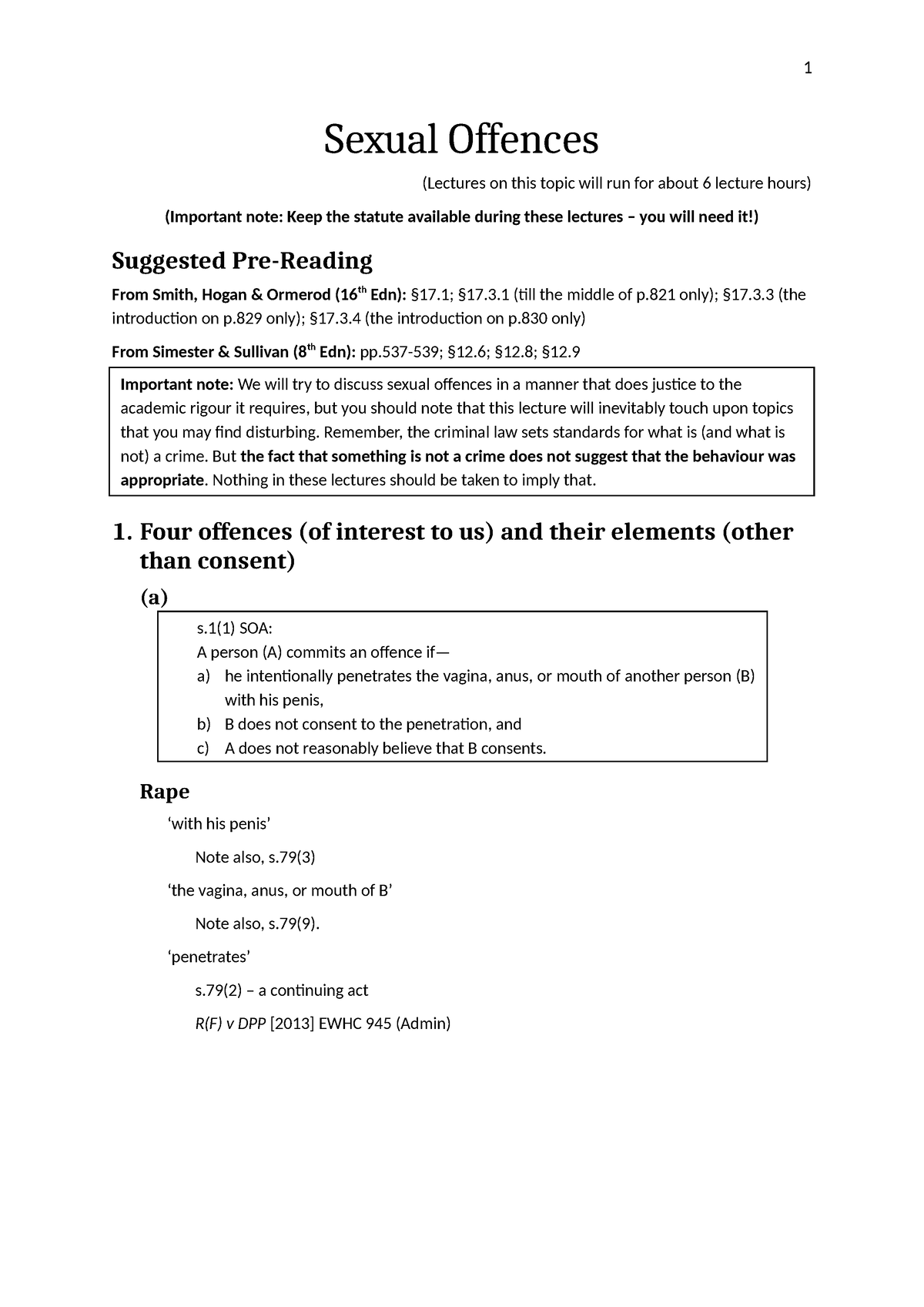 Sexual Offences Handout Sexual Offences Lectures On This Topic Will