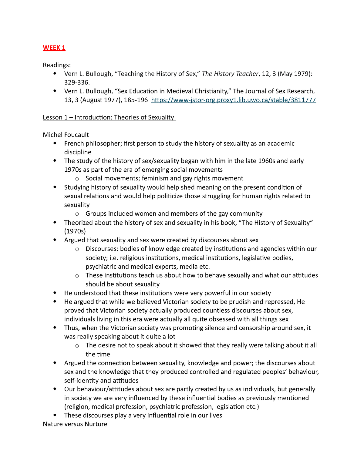 Midterm 1 Notes Week 1 Readings Vern L Bullough “teaching The