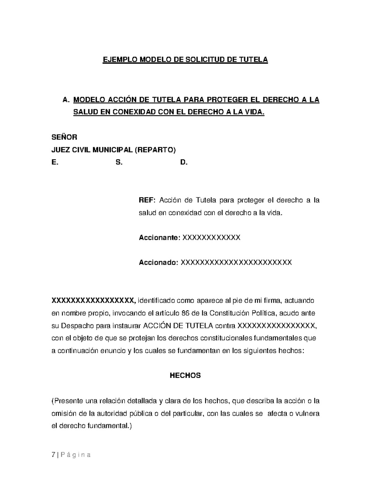 Modelo Acción De Tutela Para Requerir Cumplimiento De Un Derecho