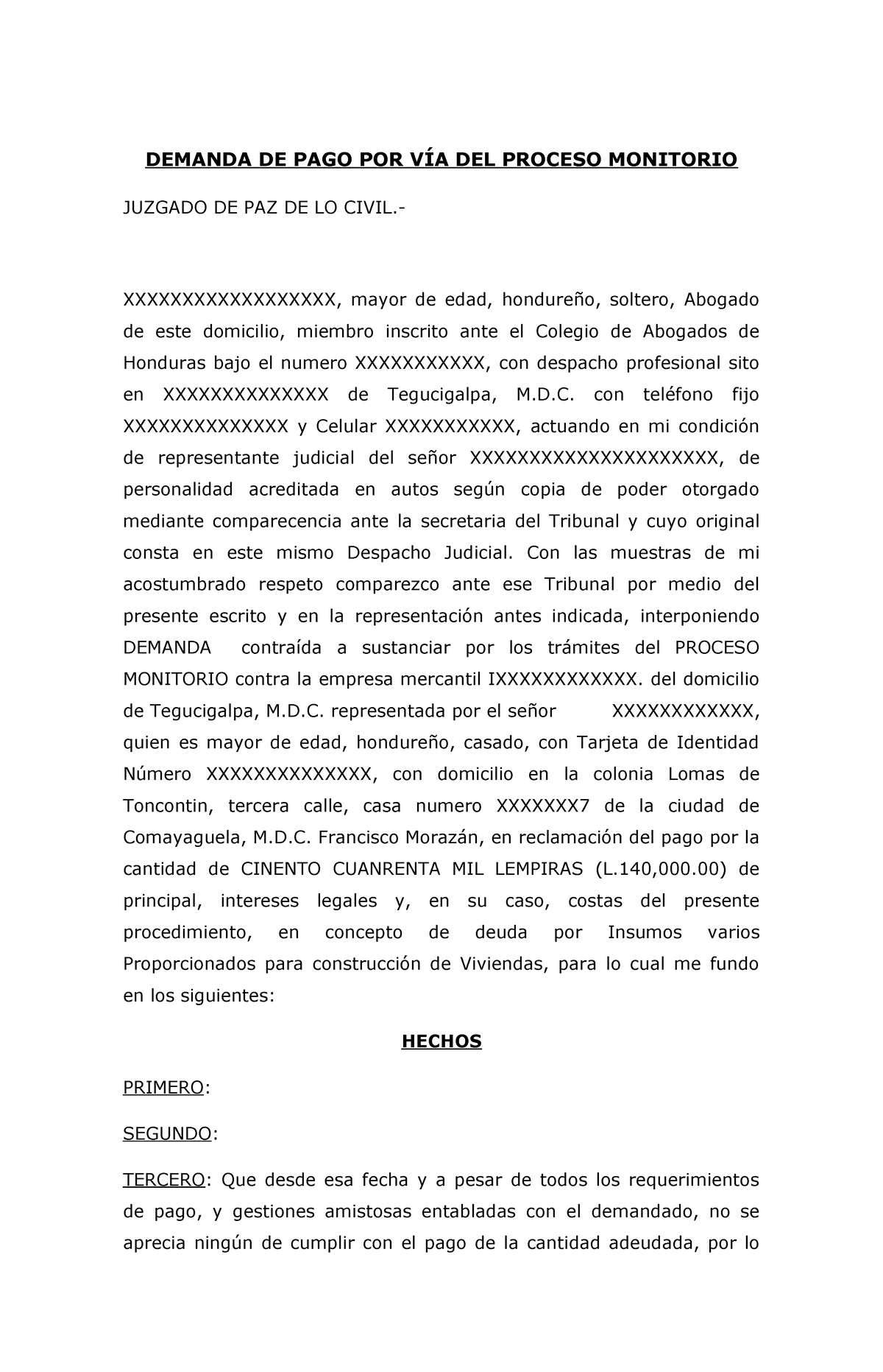 Demanda De Pago Por VÍa Del Proceso Monitorio Demanda De Pago Por VÍa