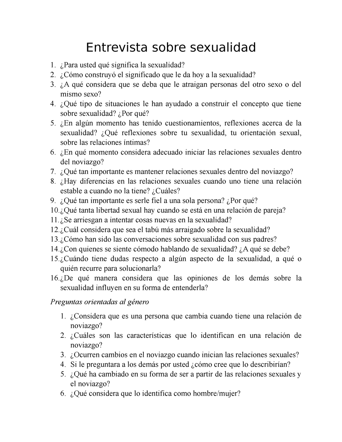 Entrevista Sobre Sexualidad Entrevista Sobre Sexualidad ¿para Usted