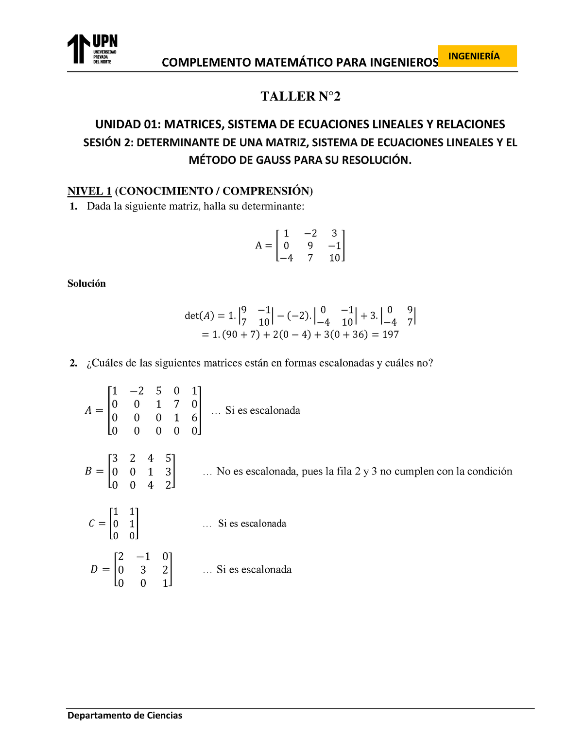 Solucionario De Taller De Teoría Semana 02 Complemento MatemÁtico