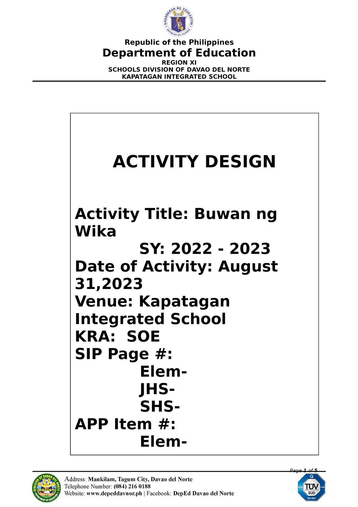 Ad Buwan Ng Wika 2023 Activity Design For August Republic Of The