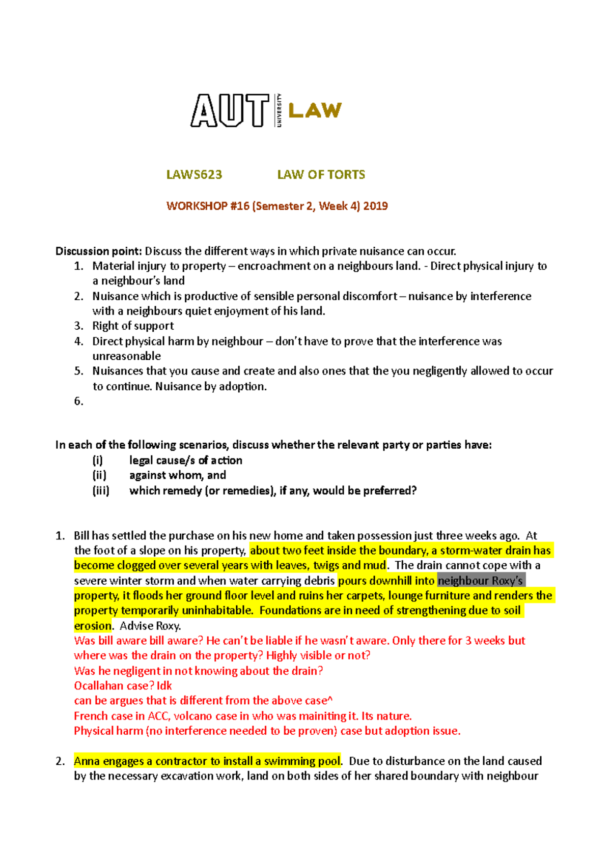 16 Torts 2019 Ws Laws623 Law Of Torts Workshop Semester 2 Week 4