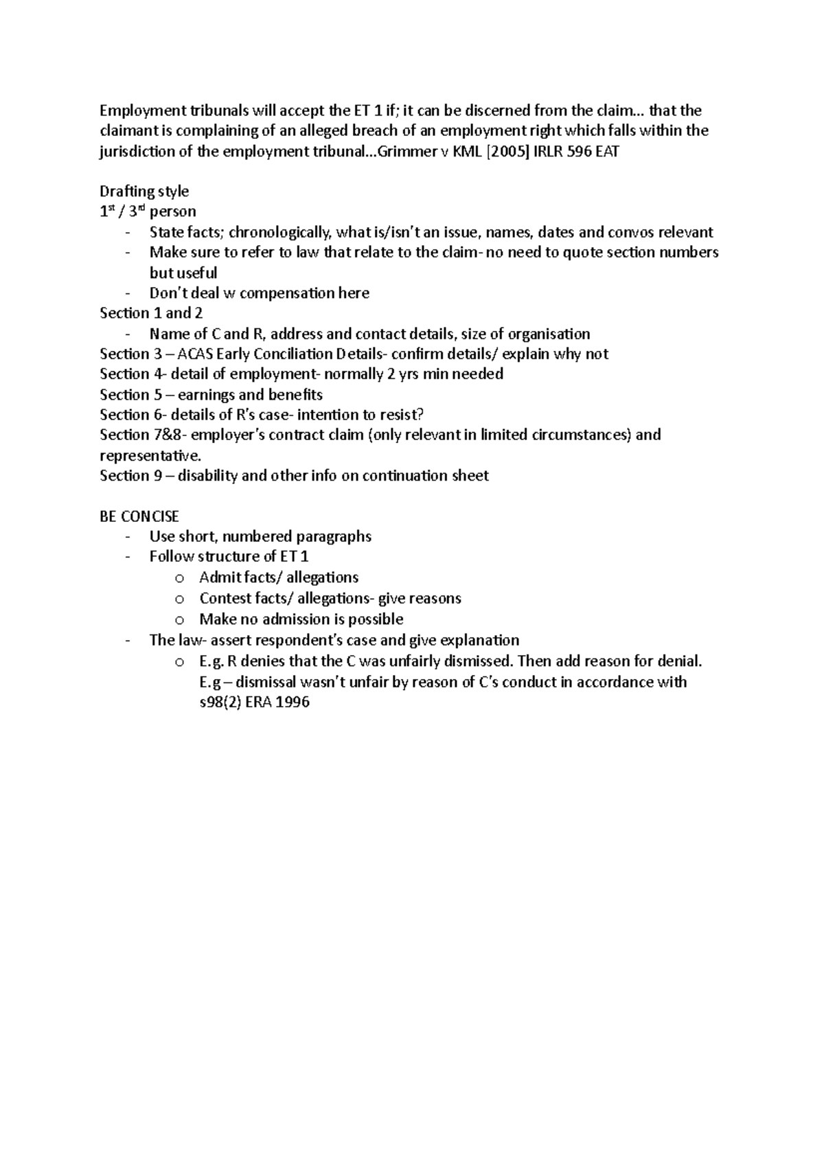 Unit 3 Unfair Dismissal Drafting Notes Employment Tribunals Will