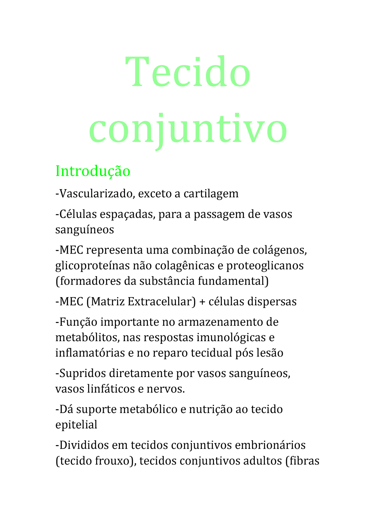 Tecido Conjuntivo Anotações Aula De Histologia Professora Maria