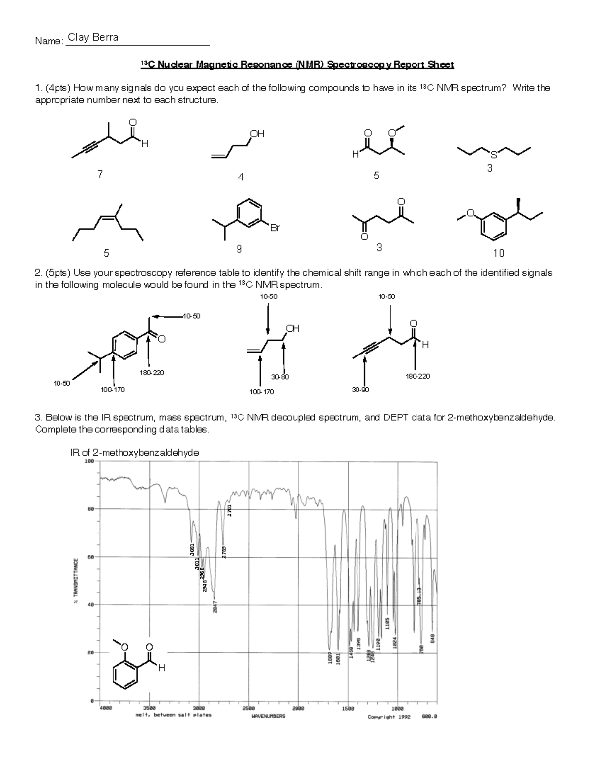 Chem 231 F21 13c Nmr Report Sheet Name 13 C Nuclear Magnetic