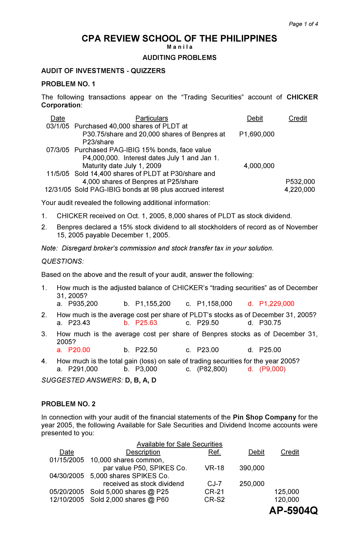 Ap 5904q Audit Of Investments Cpa Review School Of The Philippines M