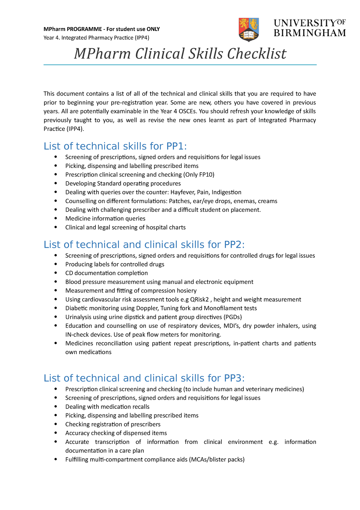 Clinical Skills Checklist Year 4 2021 Mpharm Programme For