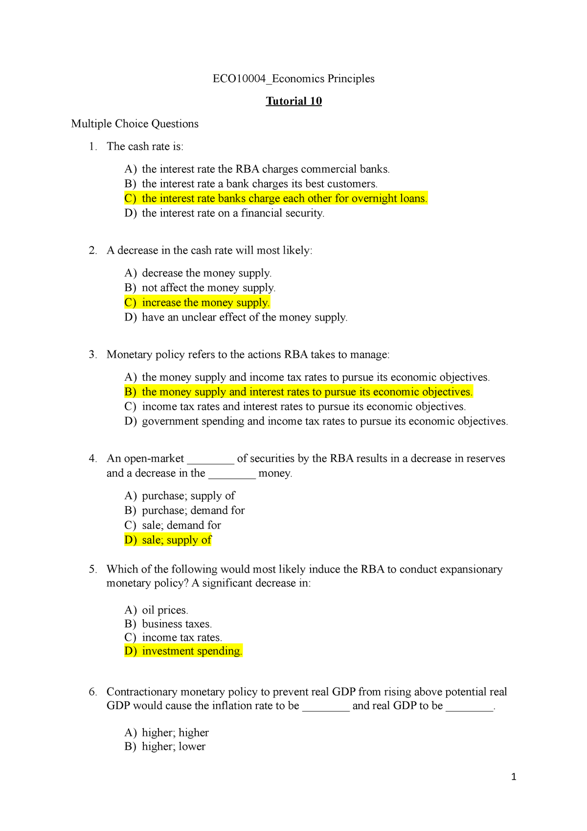 Tutorial 10 Stud Eco10004economics Principles Tutorial 10 Multiple