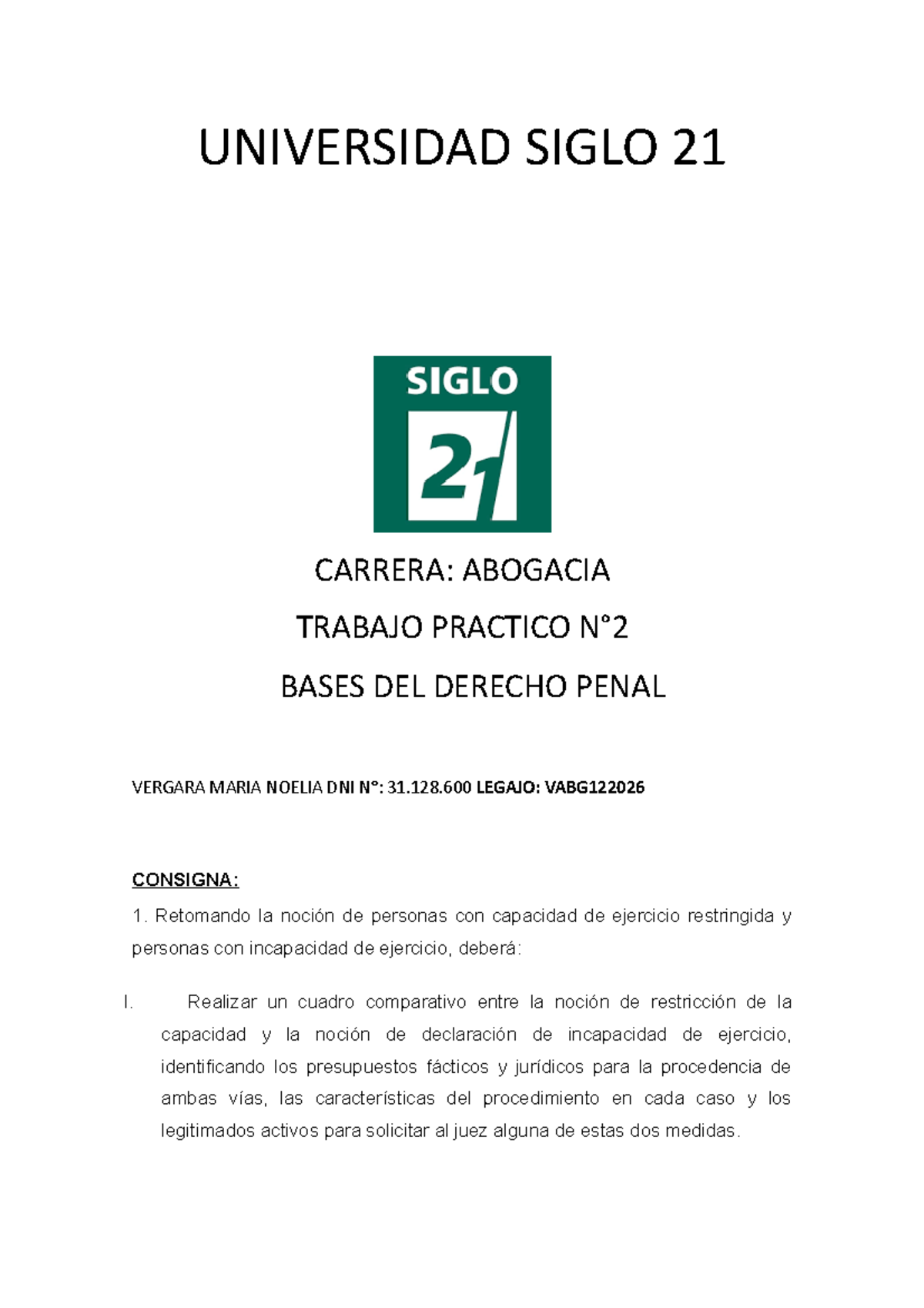 Tp 2 Bases Del Derecho Privado Universidad Siglo 21 Carrera Abogacia