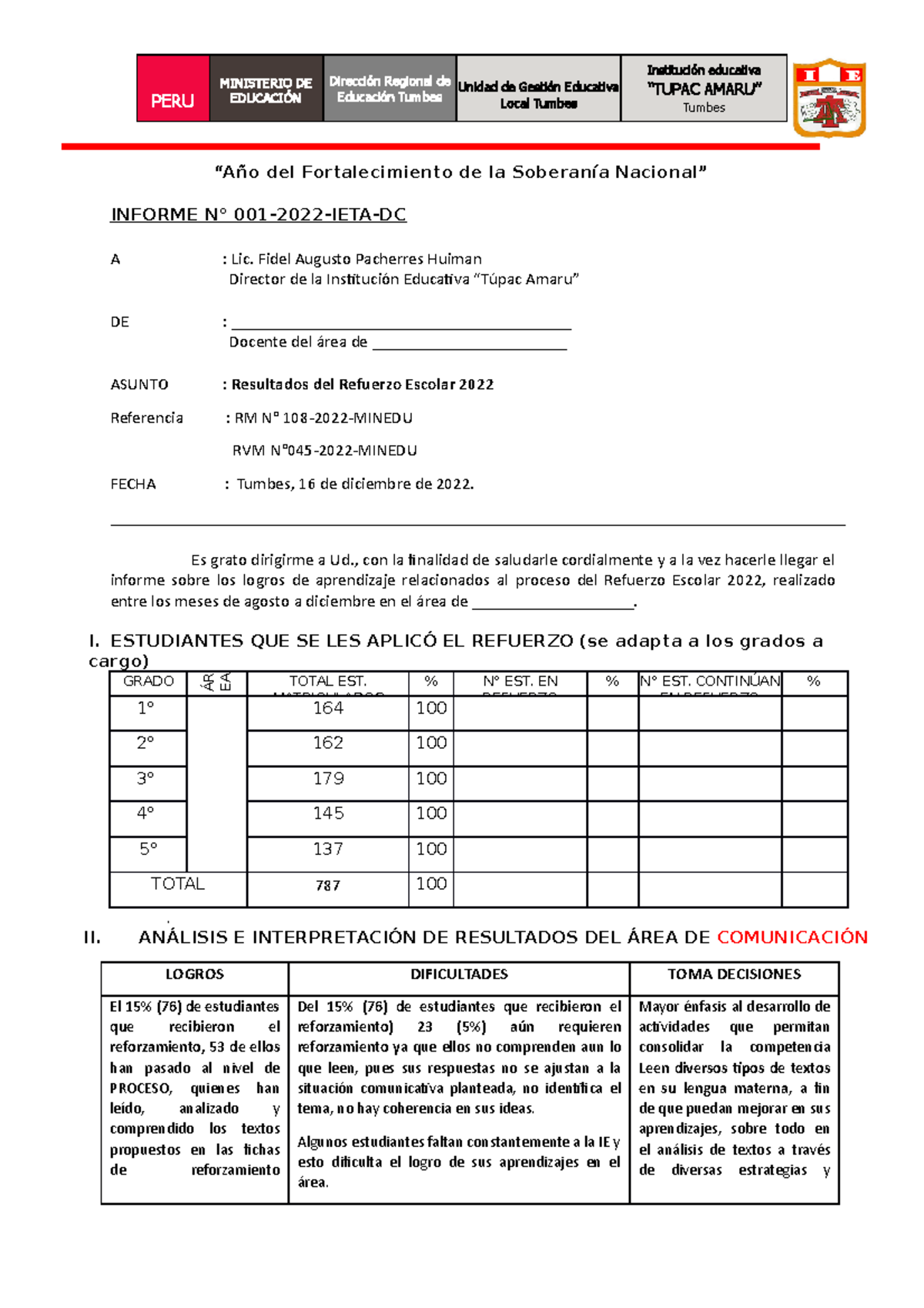 Informe Final Refuerzo Escolar 2 Peru Ministerio De EducaciÓn