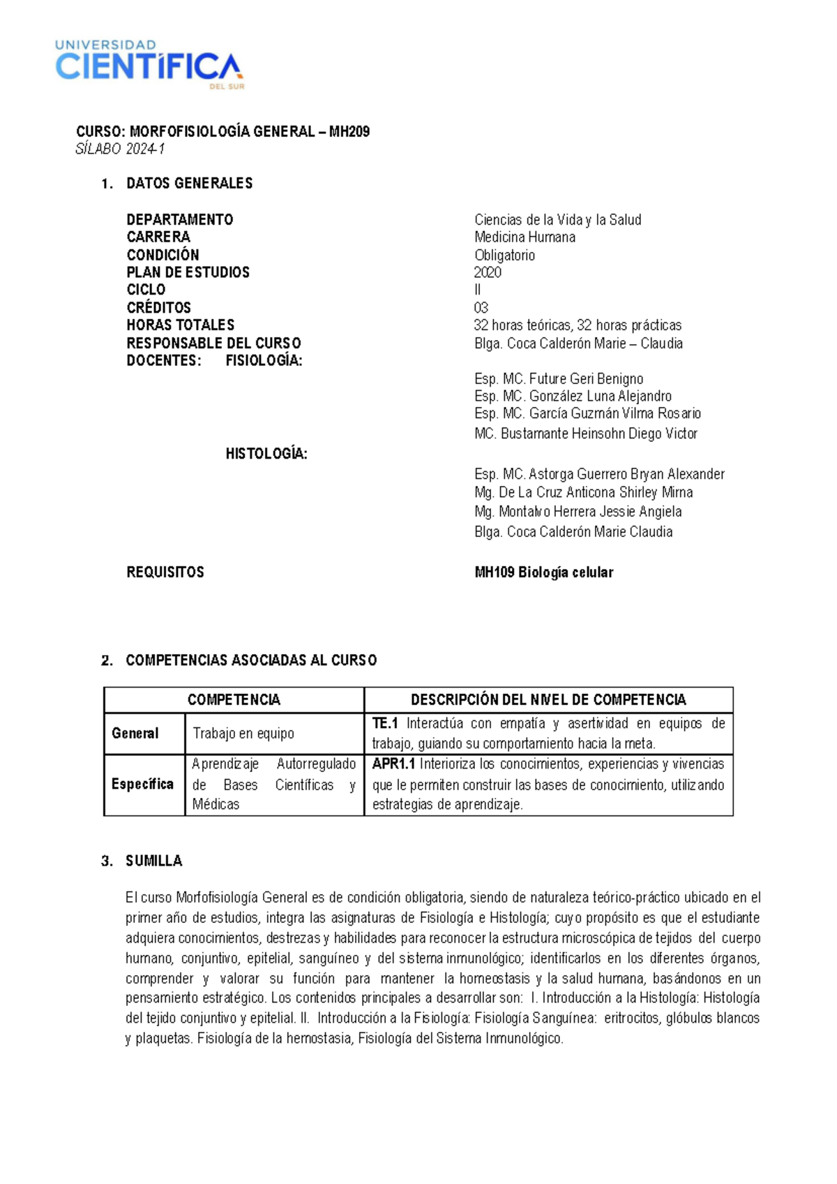 Morfofisiología General Mh 209 2024 1 Curso MorfofisiologÍa General