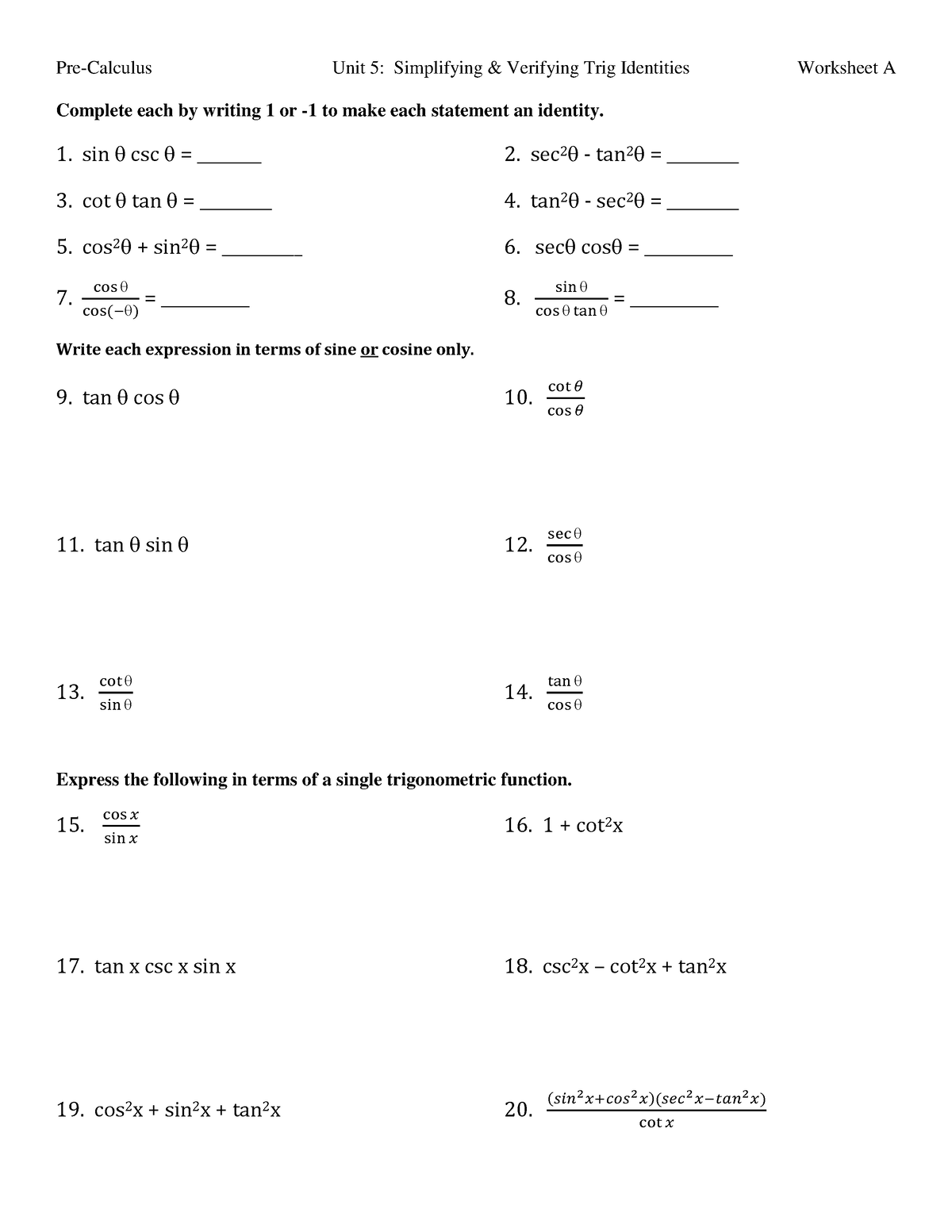 Worksheet A Simplifying Trig Expressions Pre Calculus Unit 5