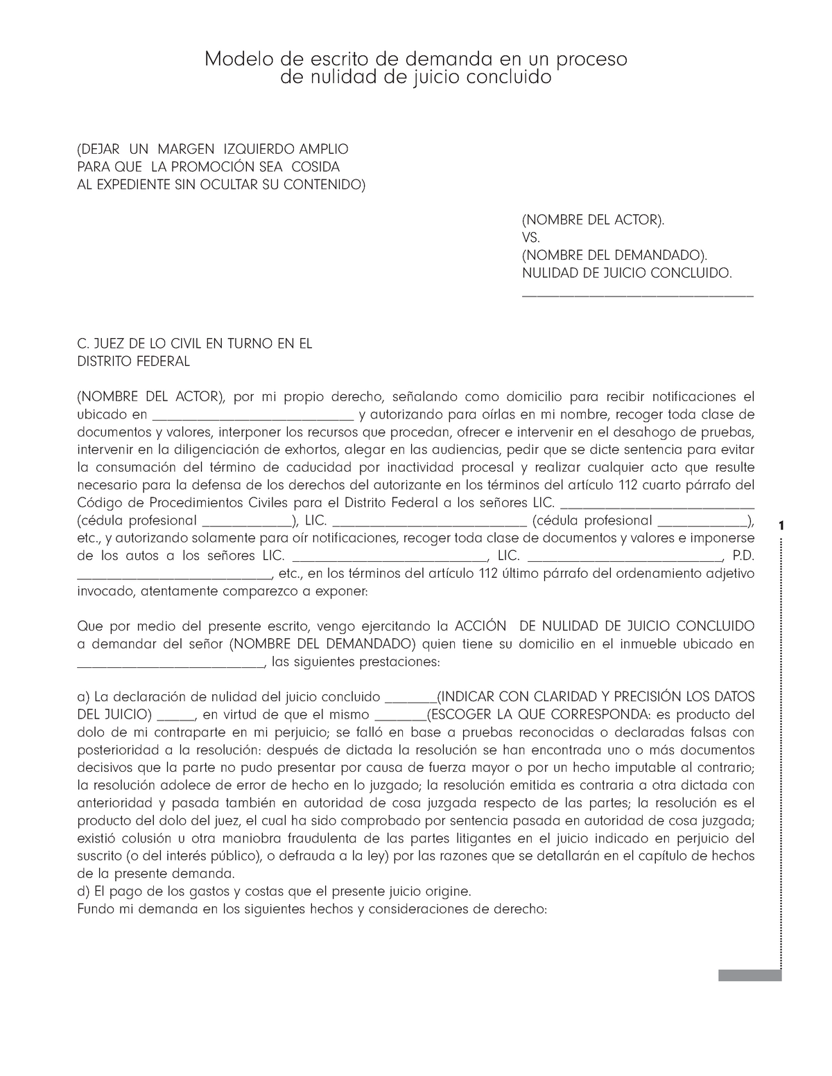 Fromato De Demanda De Nulidad De Juicio Concluido 1 Modelo De Escrito